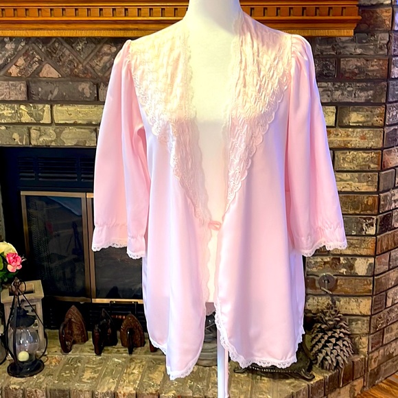Intimates & Sleepwear | Light Pink Satin Robe With Flower Eyelet Lace ...